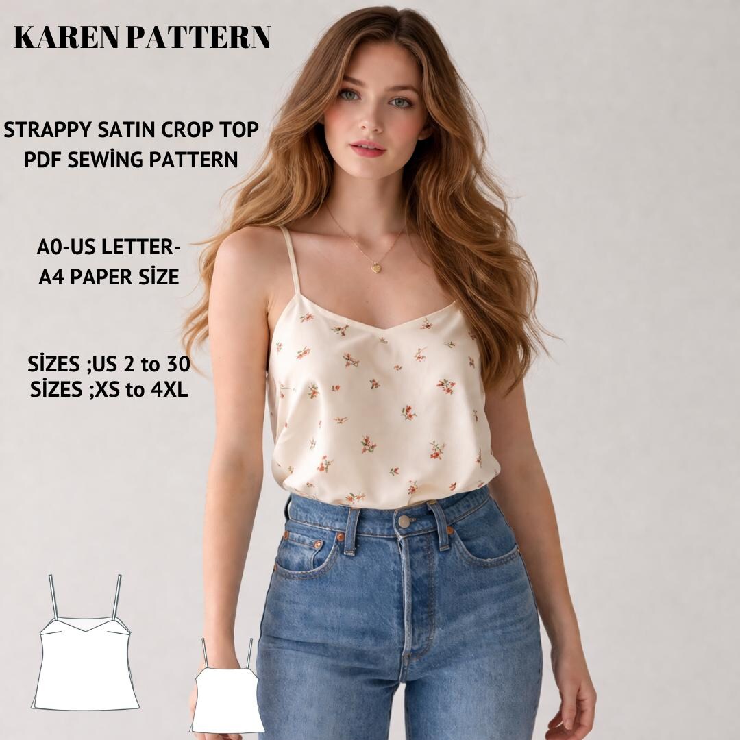 Floral Satin Crop Top Sewing Pattern, Strappy Camisole PDF (instant ...