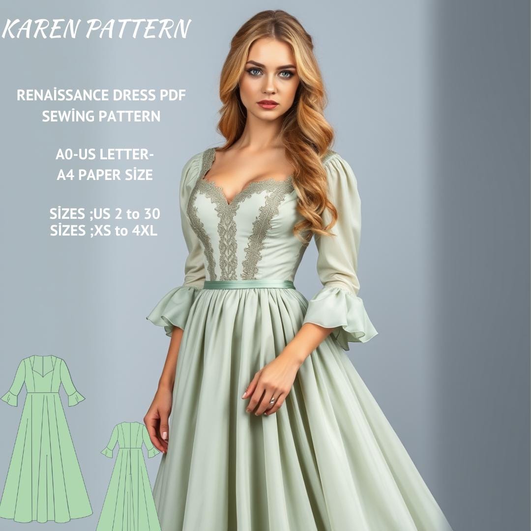 Renaissance Dress Sewing Pattern:medieval Fairy Regency Elf (A0 A4 US ...