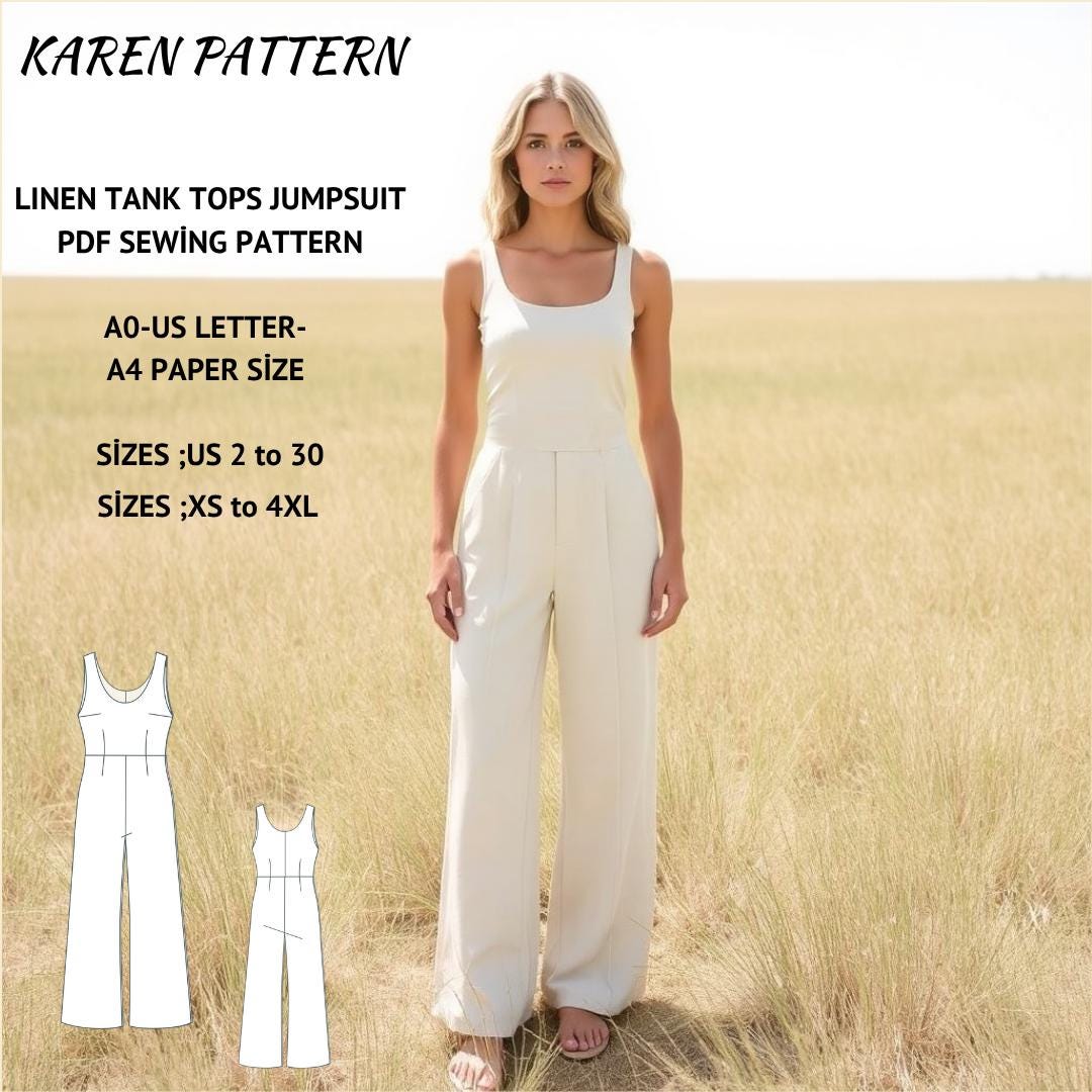 Linen Jumpsuit Sewing Pattern: Palazzo Style, Ankle Length (PDF Pattern ...