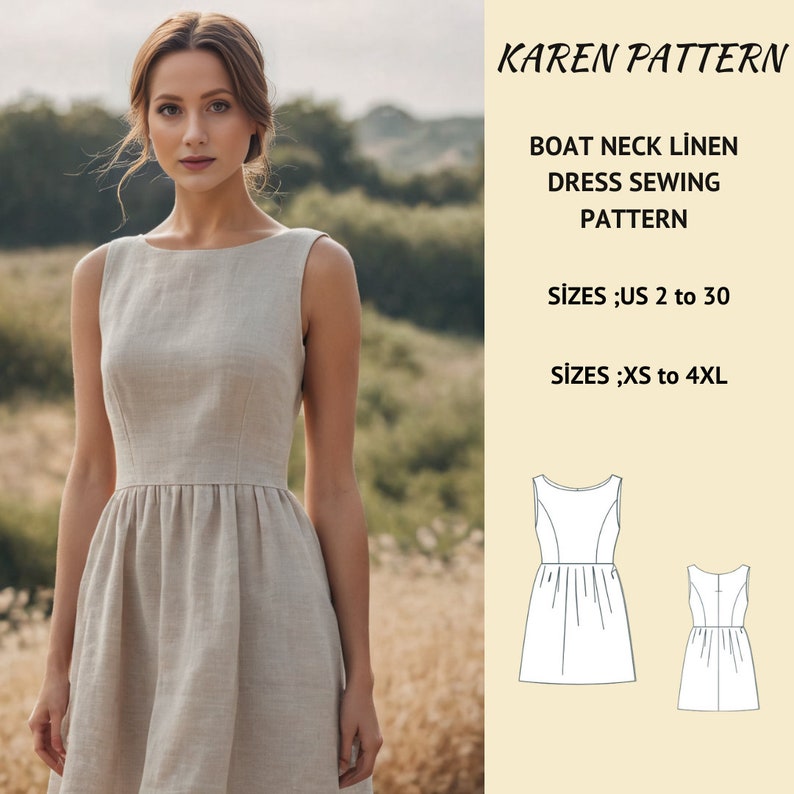 Gathered Linen Mini Dress Sewing Pattern:boat Neck, Sleeveless (digital ...