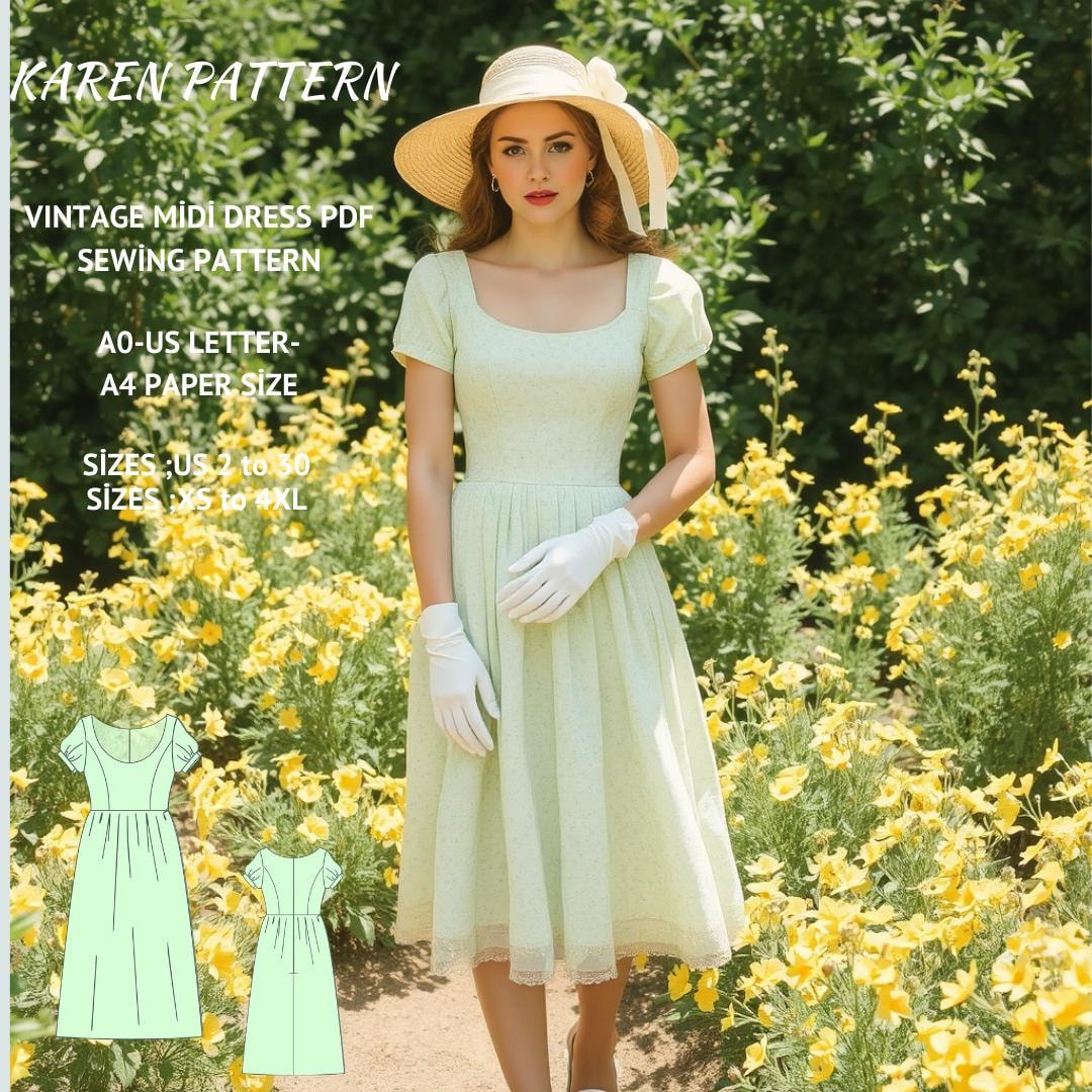 1950's Vintage Spring Dress Sewing Pattern,vintage Midi Dress Women ...