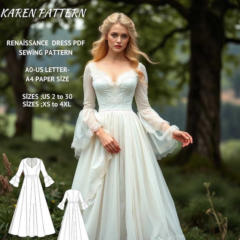 Renaissance Dress Sewing Pattern:medieval Cosplay, Fairy, Elf (A0 A4 US ...