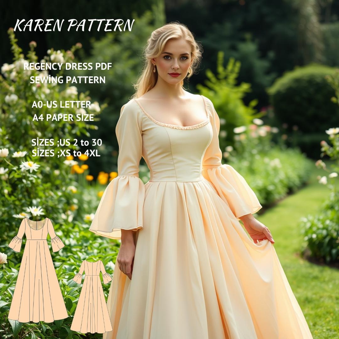 Regency Maxi Dress Sewing Pattern, Medieval, Fairy, Elf Dress (A0 A4 US ...