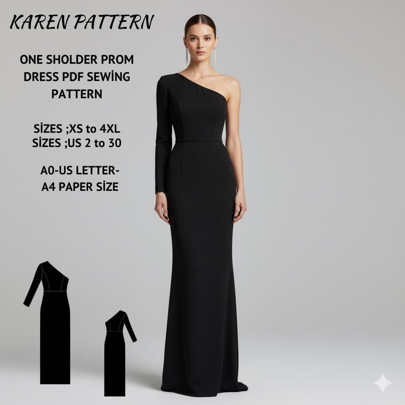 One-shoulder Evening Gown Sewing Pattern, Prom Dress (XS-4XL) (digital ...