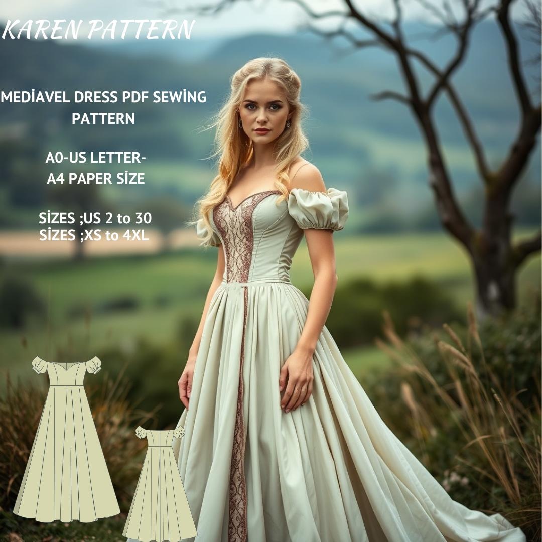 Renaissance Dress Sewing Pattern:medieval Fairy Regency Elf (A0 A4 US ...