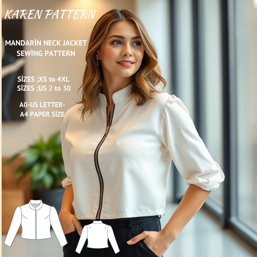 Mandarin Neck Front Zipper Jacket Sewing Pattern,long Sleeve Crop Top ...