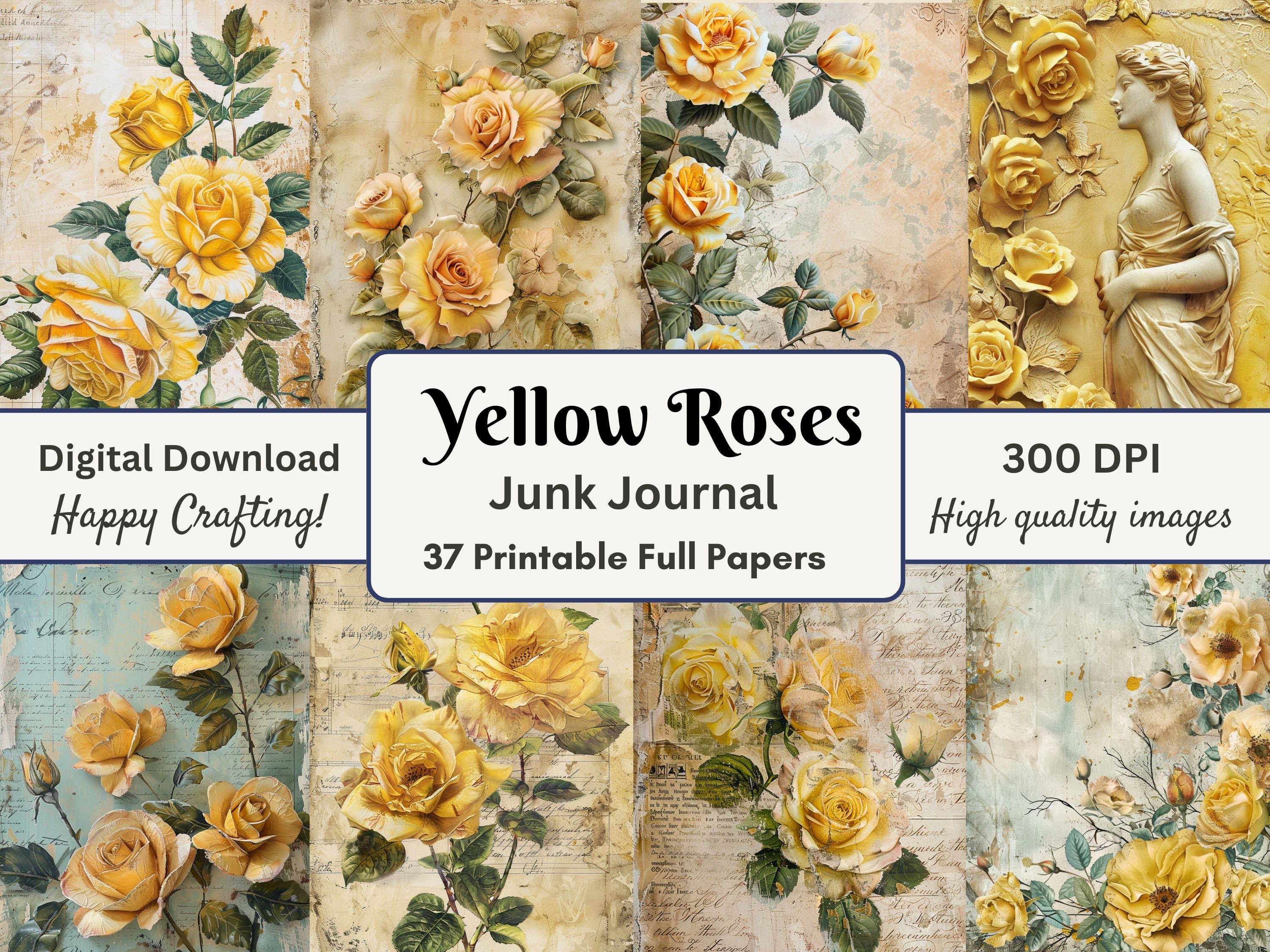 Junk Journal Printable Yellow Roses Flowers Digital Paper Download ...