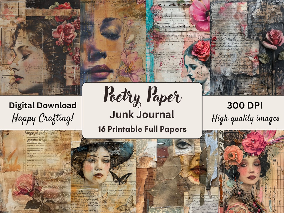 Vintage Poetry Paper, Junk Journal Kit, Feminine, Moody, Decorative ...