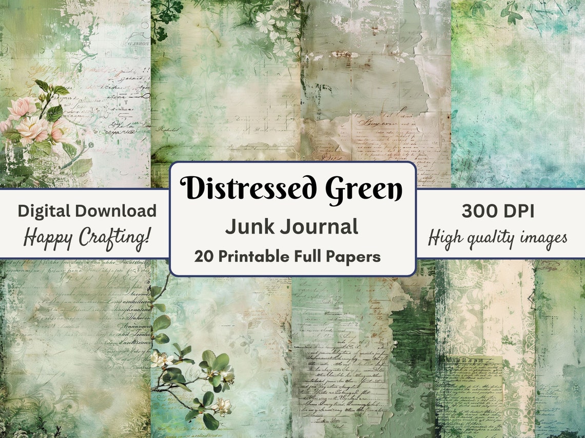 Green Distressed Junk Journal Paper: Pastel Collage, Scrapbook (digital ...