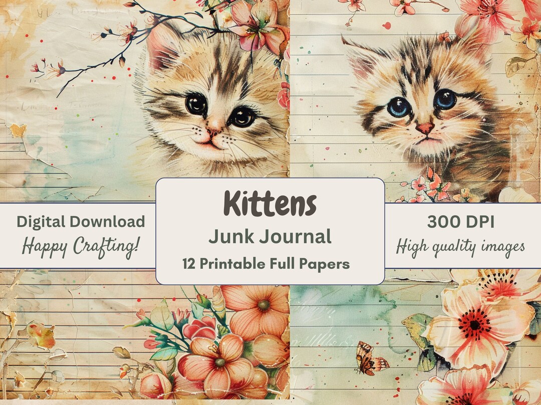 Kitten Paper Junk Journal Kit, Printable Ephemera, Digital Paper ...