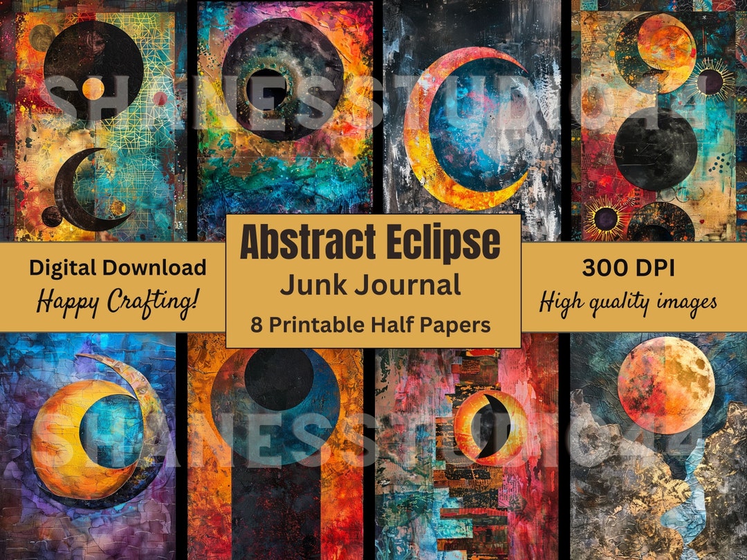 Abstract Eclipse Junk Journal Half Papers, Solar Eclipse, Mixed Media ...