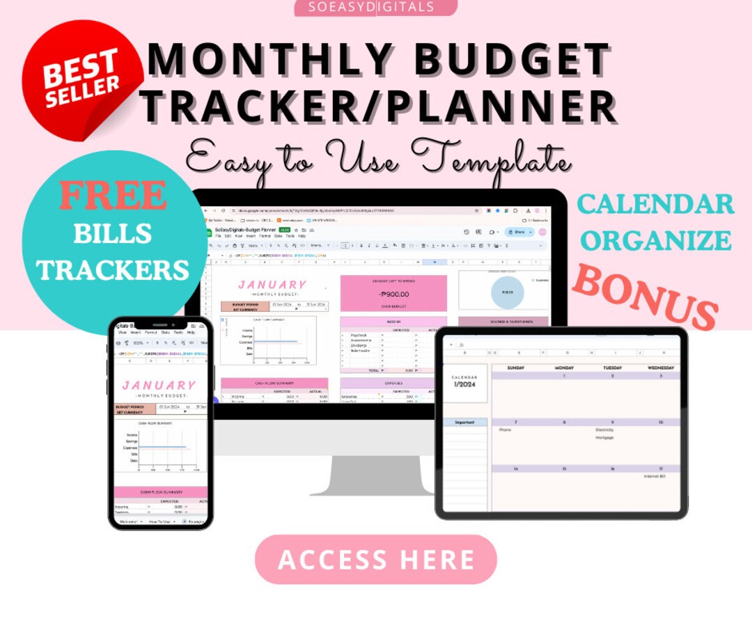 Monthly Budget Excel Spreadsheet Planner Tracker With FREE Bills ...