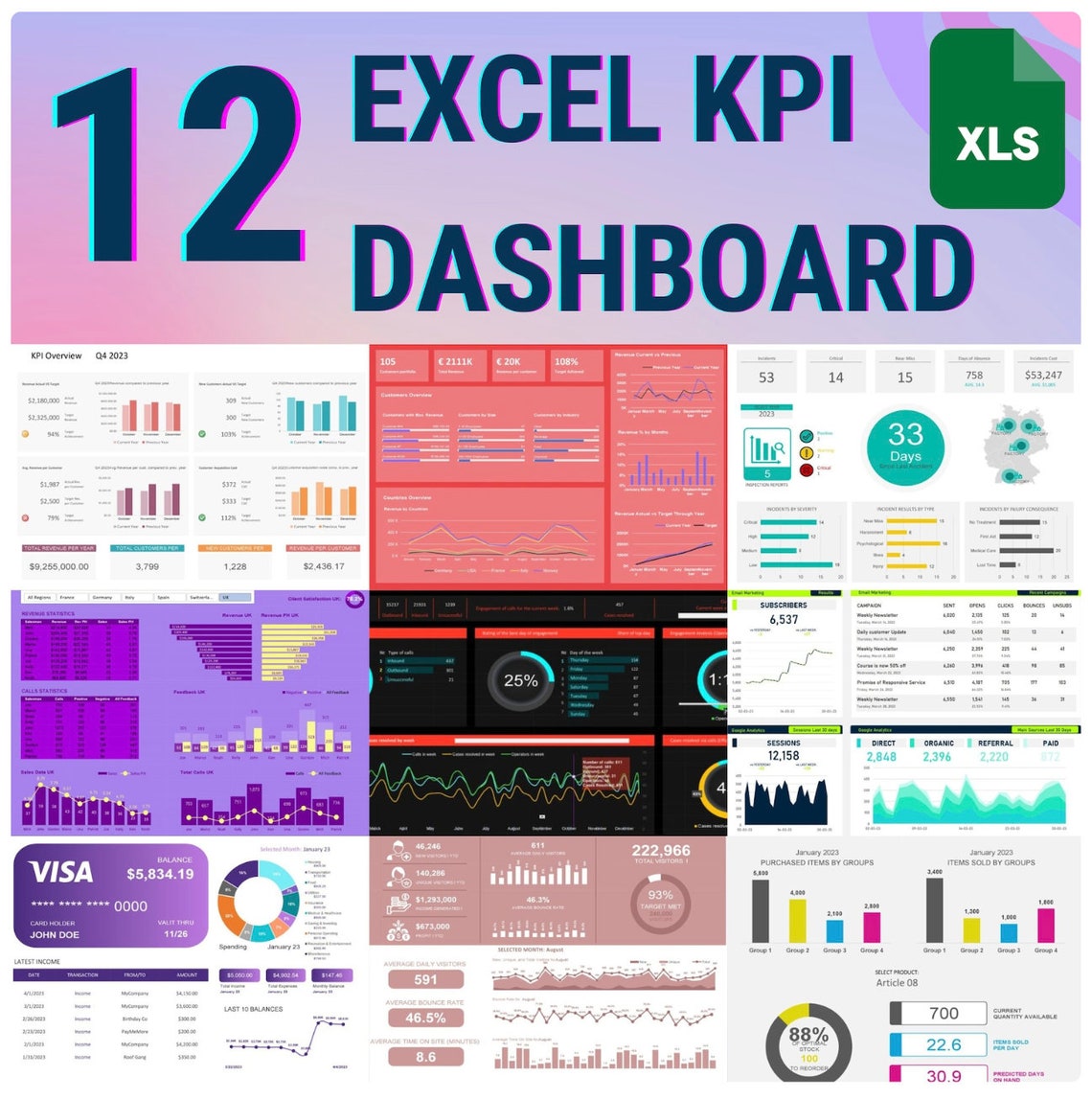 12 Excel KPI Data Dashboard EXCEL Ready to Use Multipurpose , Kpi Sale ...