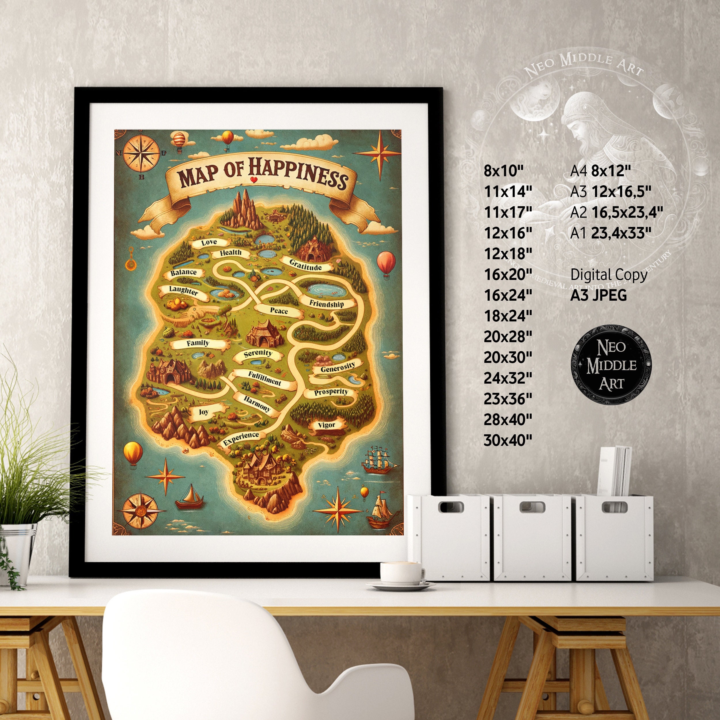 Map of Happiness Inspirational Quote Poster Journey to Happiness ...
