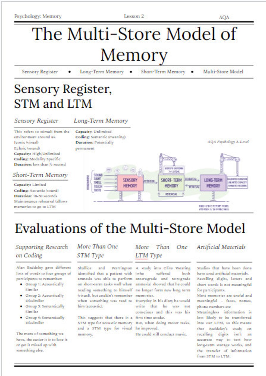 AQA A-LEVEL PSYCHOLOGY Memory: the Multi-memory Store Model Revision ...