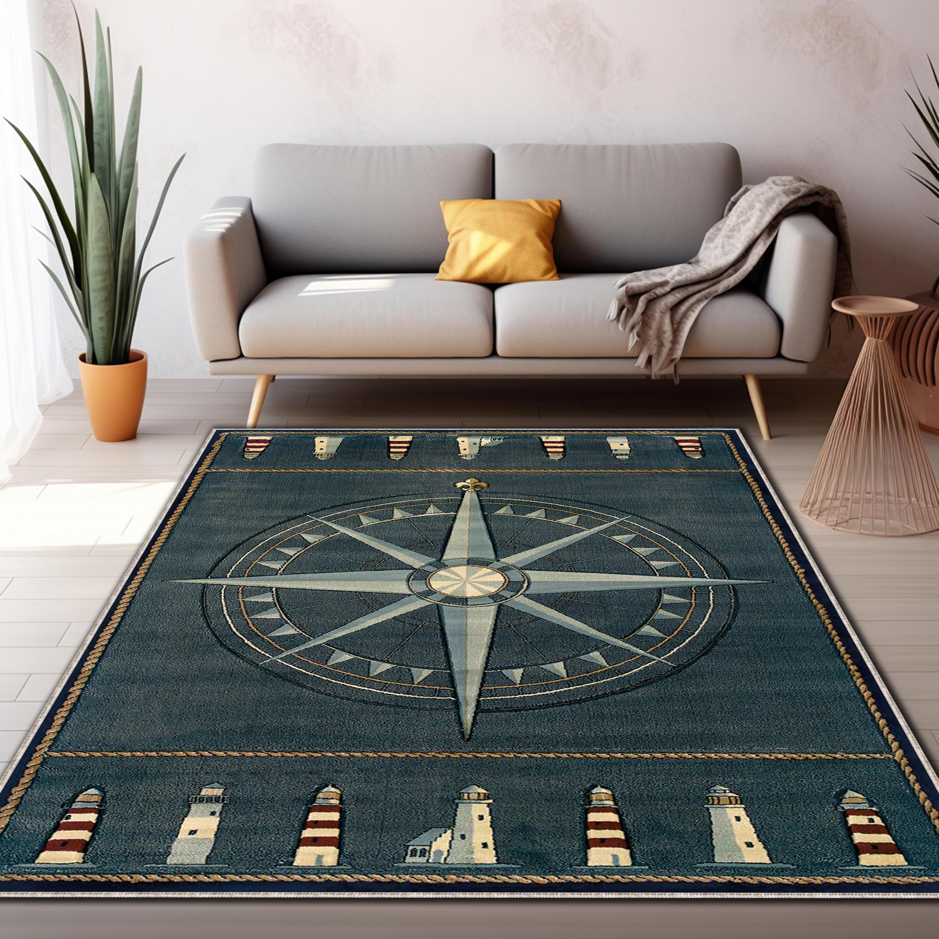 Sailor Compass Rug, Lighthouse Rug, Coastal Beach Decor Rug, Compass ...