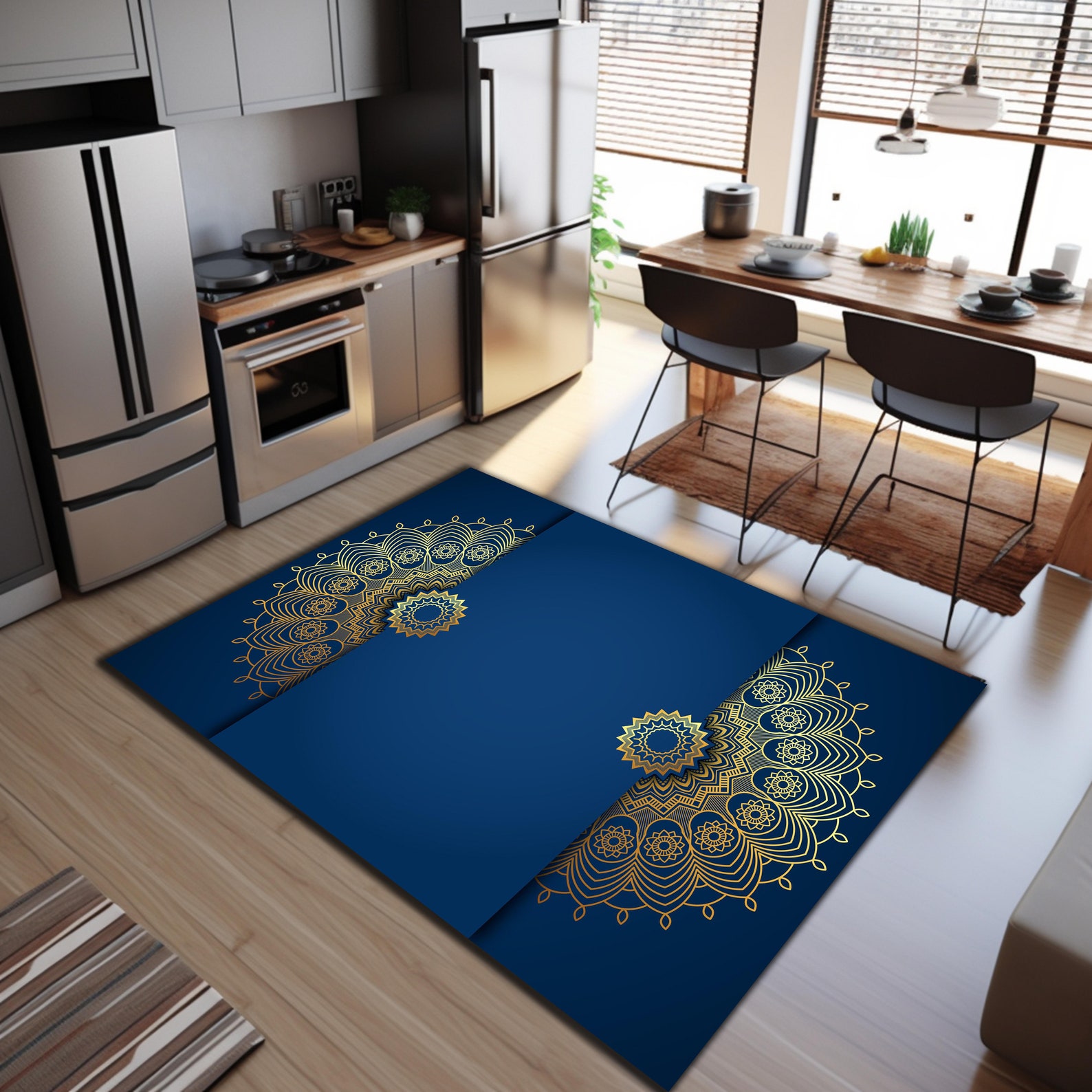 Blue Golden Mandala Rugs, Abstract Rug, Gold Rug, Modern Rugs, Front ...