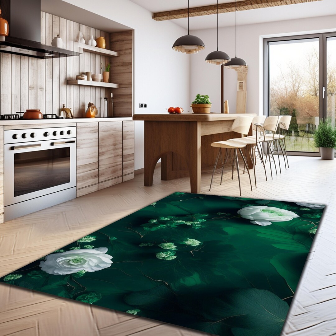 Emerald Green White Rug, Green Flowers Pattern Rug, Abstract Flower Rug ...