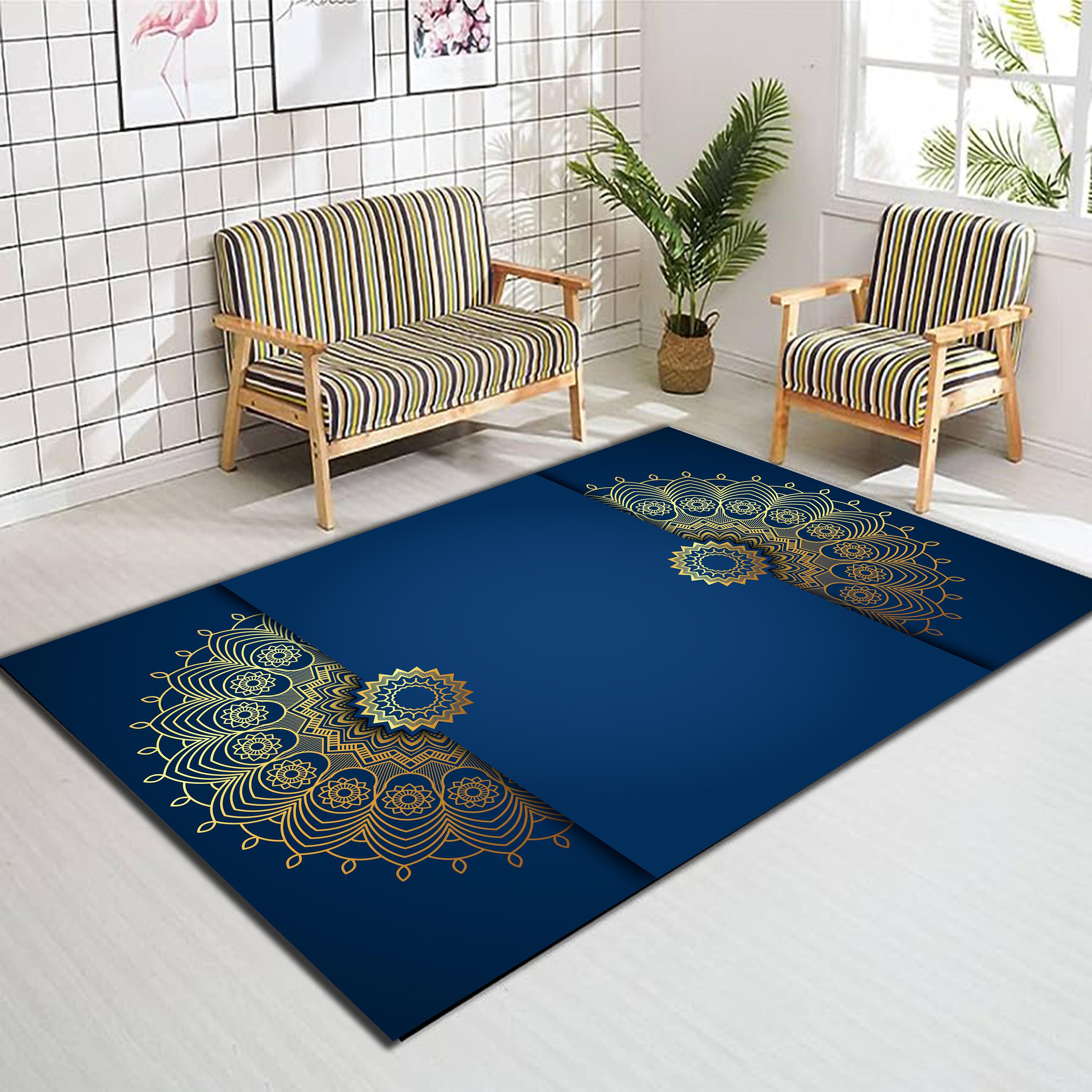 Blue Golden Mandala Rugs, Abstract Rug, Gold Rug, Modern Rugs, Front ...