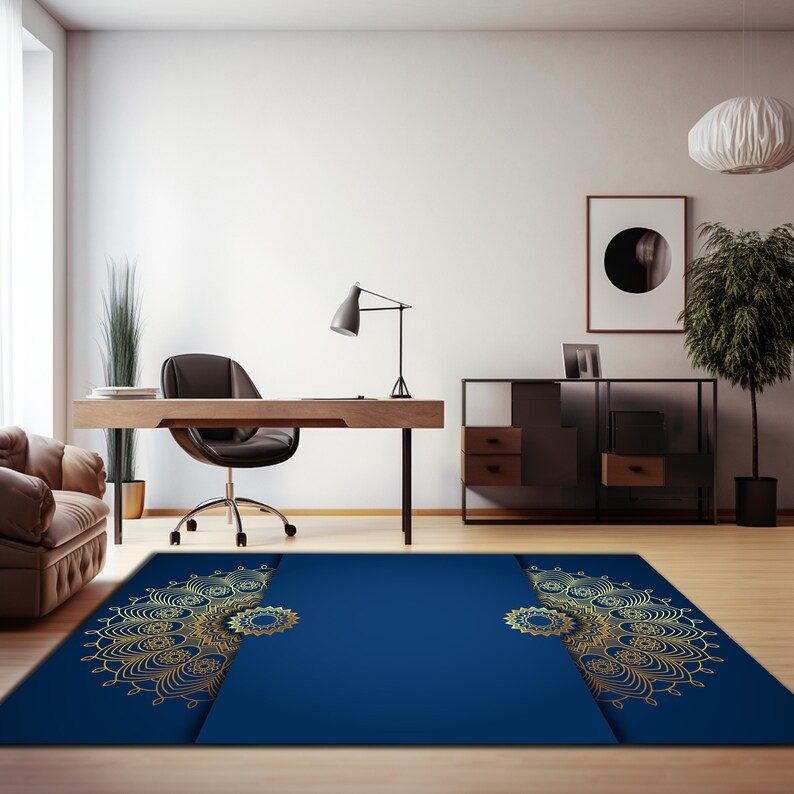 Blue Golden Mandala Rugs, Abstract Rug, Gold Rug, Modern Rugs, Front ...