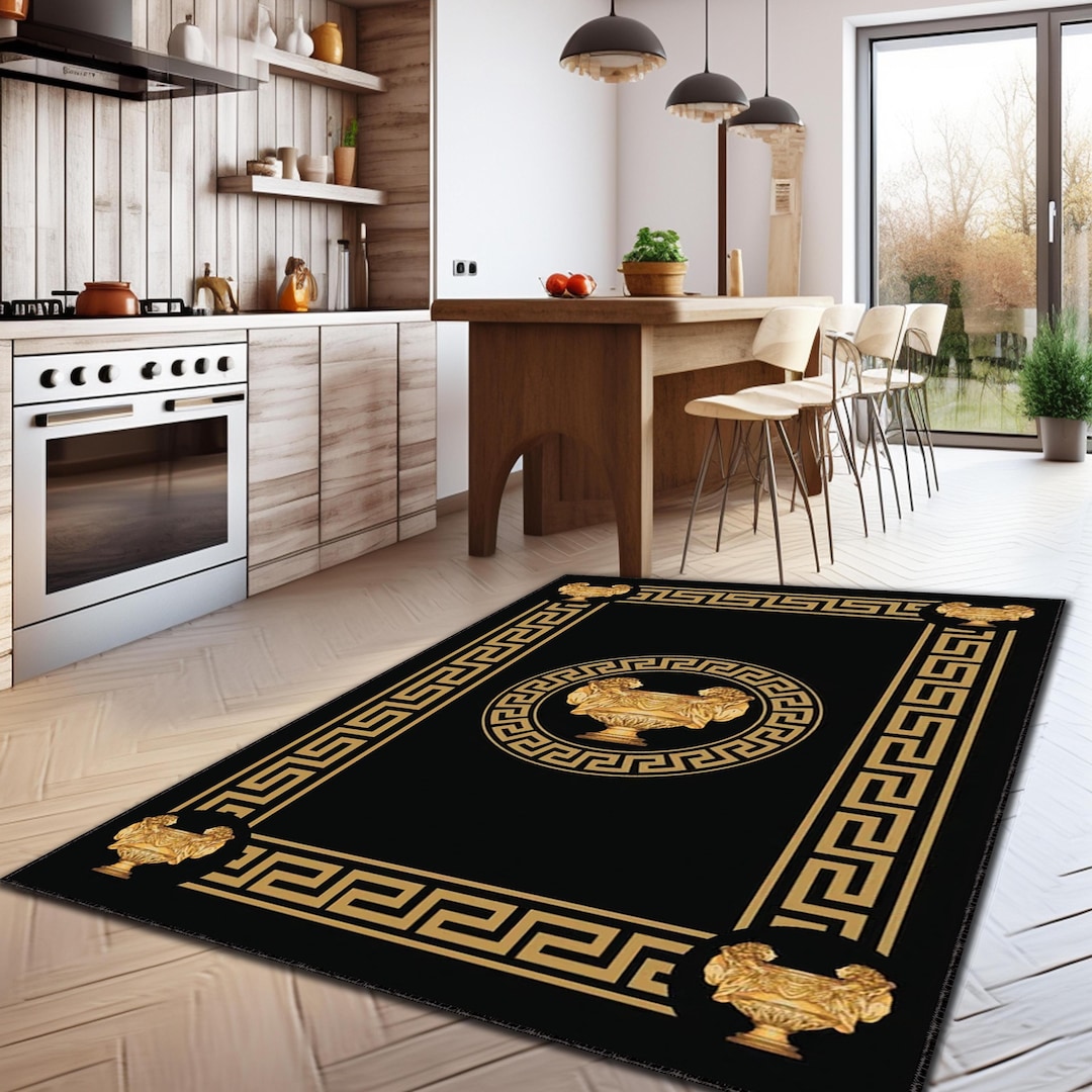 Gold Border Design Rug, Greek Key Rug, Modern Area Rug, Home Decor Rug ...