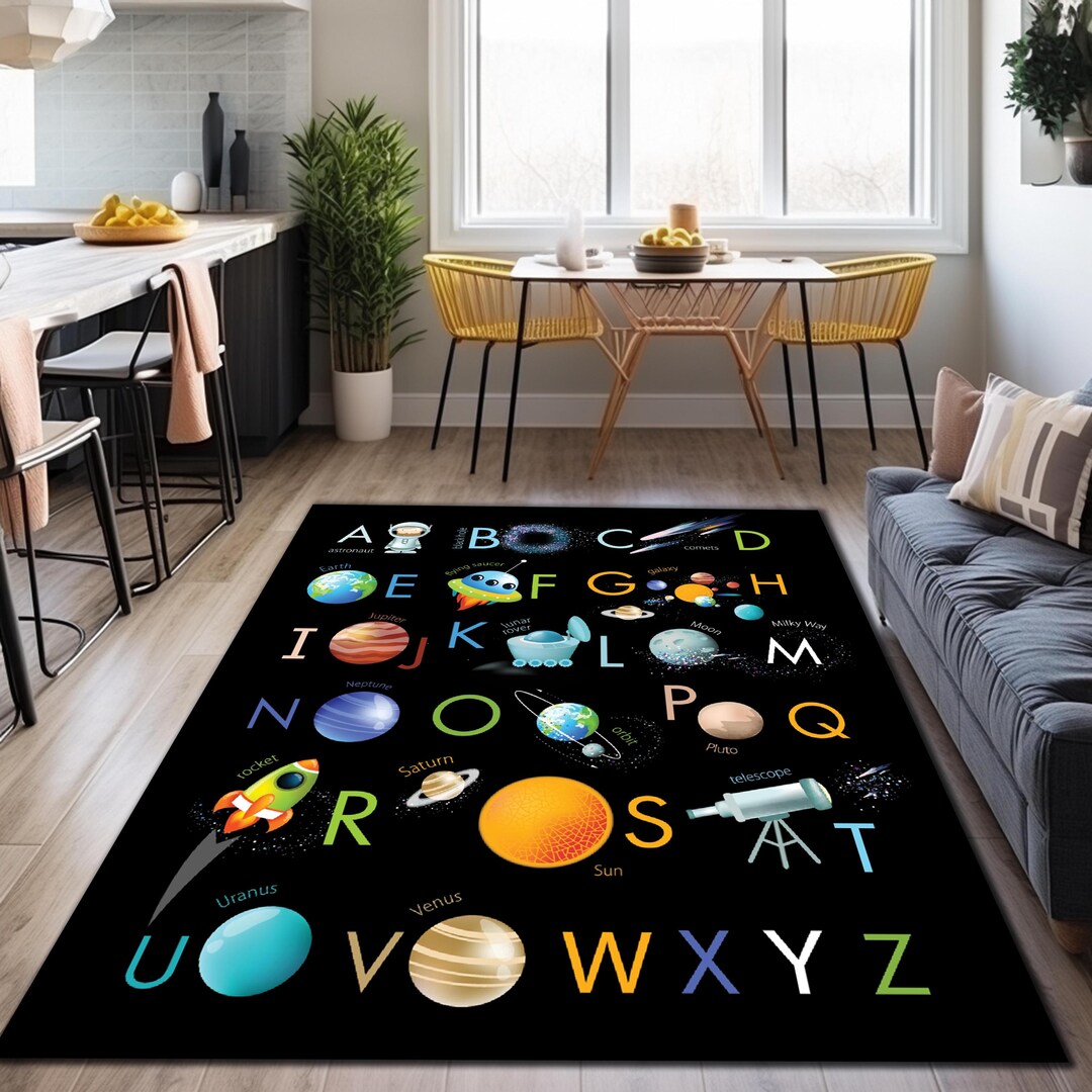Alphabet and Planets Kids Rug, Solar System Rug, Cartoon Space Planet ...