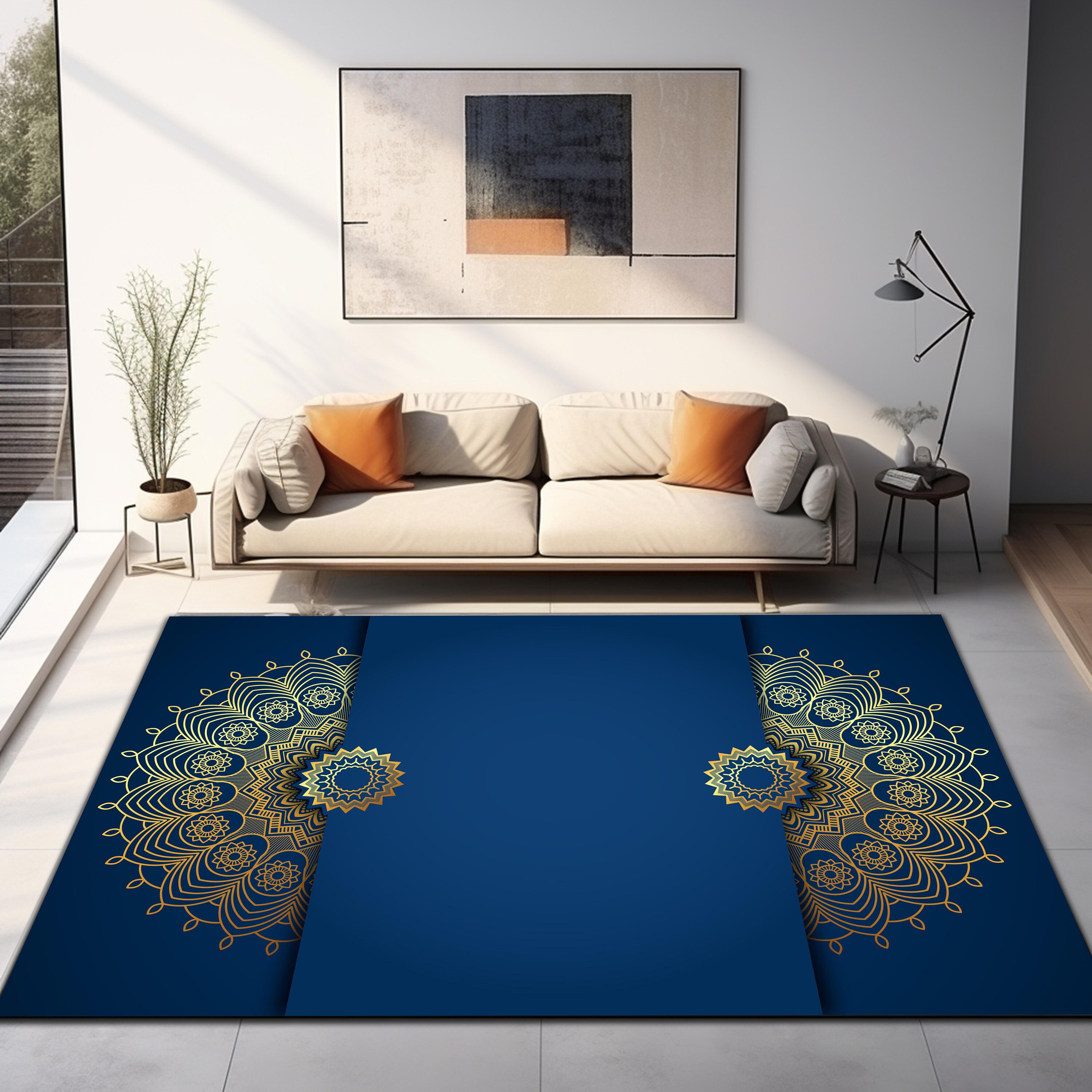 Blue Golden Mandala Rugs, Abstract Rug, Gold Rug, Modern Rugs, Front ...