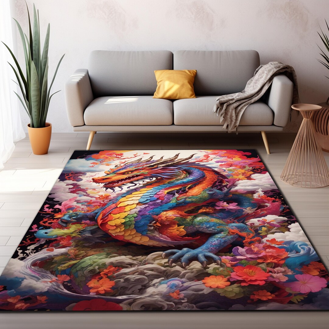 Flowers Dragons Rug, Classic Rug, Myth Dragon Rug, Salon Rug, Custom ...