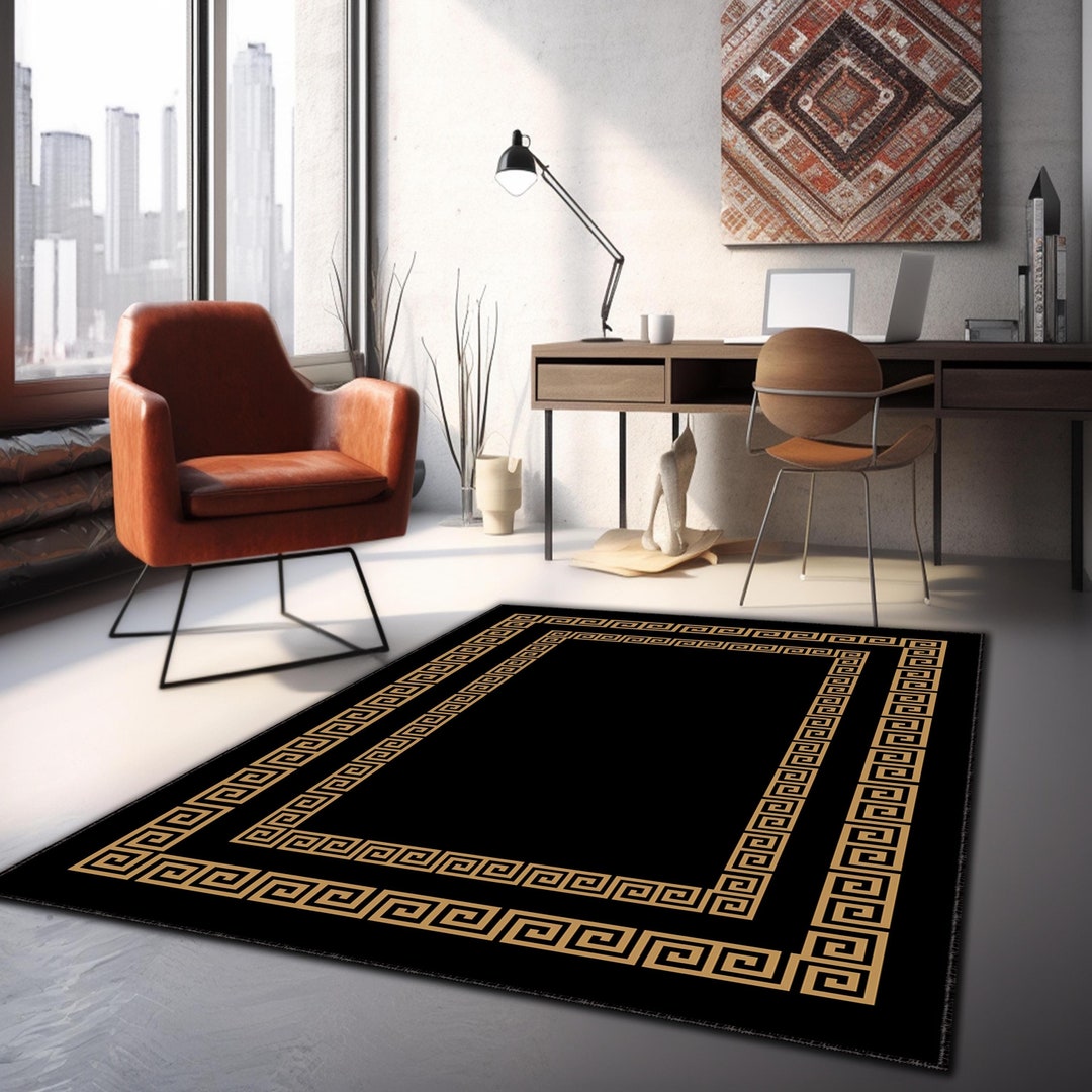 Gold Border Design Rug, Greek Key Rug, Modern Area Rug, Home Decor Rug ...