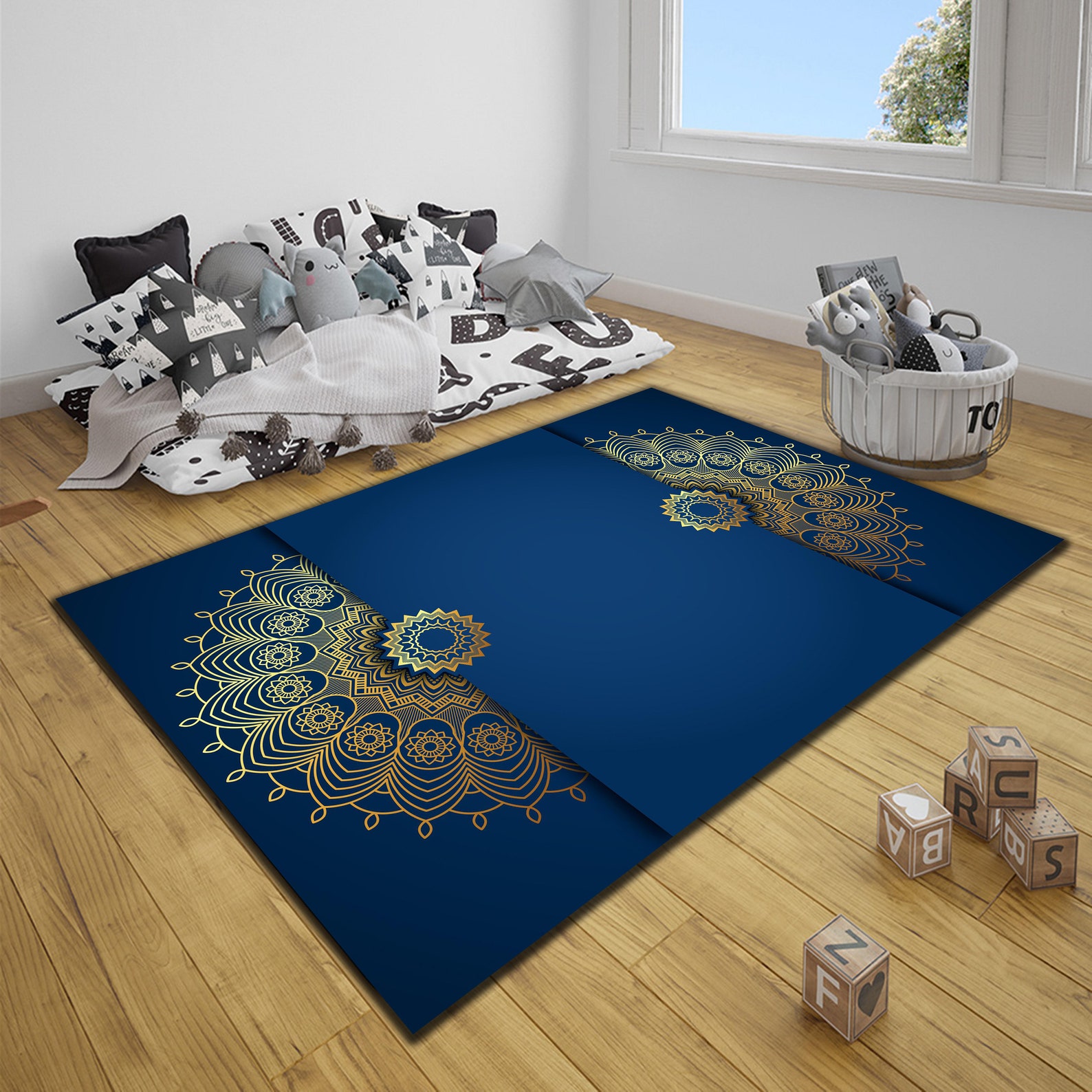 Blue Golden Mandala Rugs, Abstract Rug, Gold Rug, Modern Rugs, Front ...