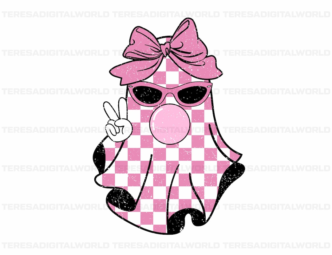 Cute Girly Ghost Blowing Bubble PNG, Checkered Ghost Coquette Bow Png ...