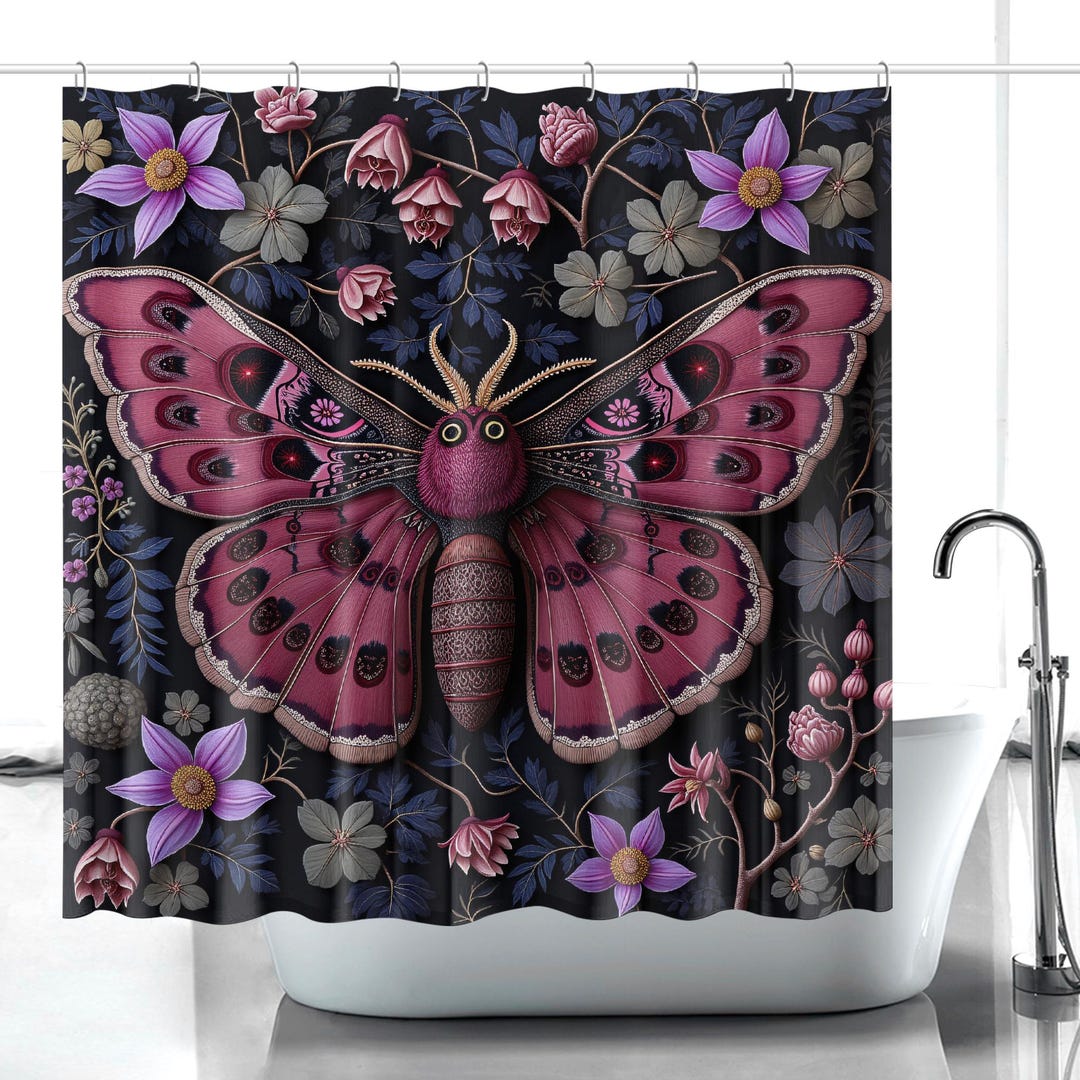 Magenta Moth Art Shower Curtain, William Morris Style Pink Floral ...