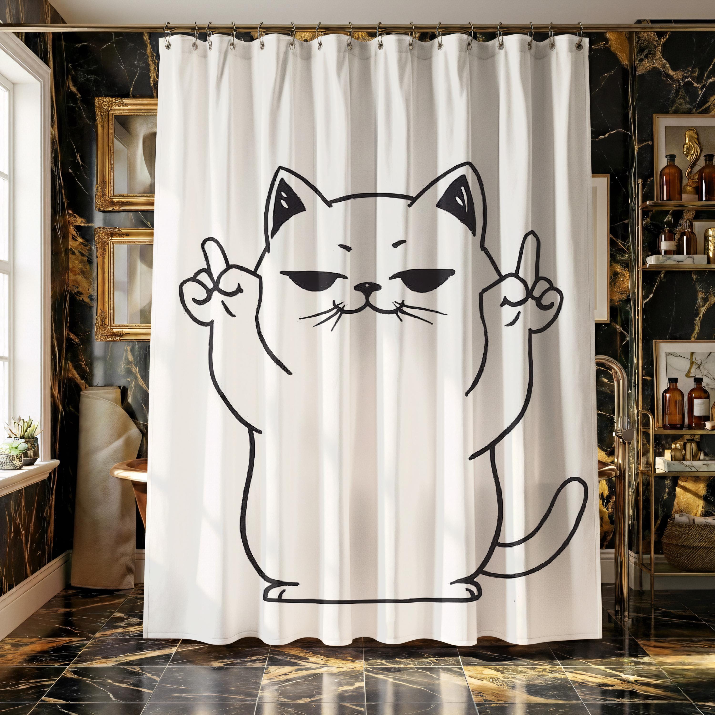 Funny Cat Shower Curtain, Middle Finger Cartoon Line Art, Waterproof ...