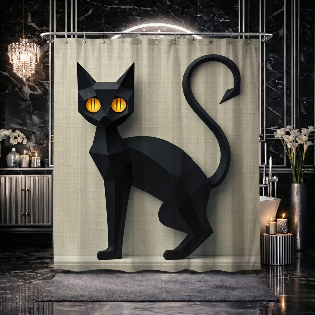 Geometric Black Cat Art Shower Curtain, Low Poly Minimalist Animal ...
