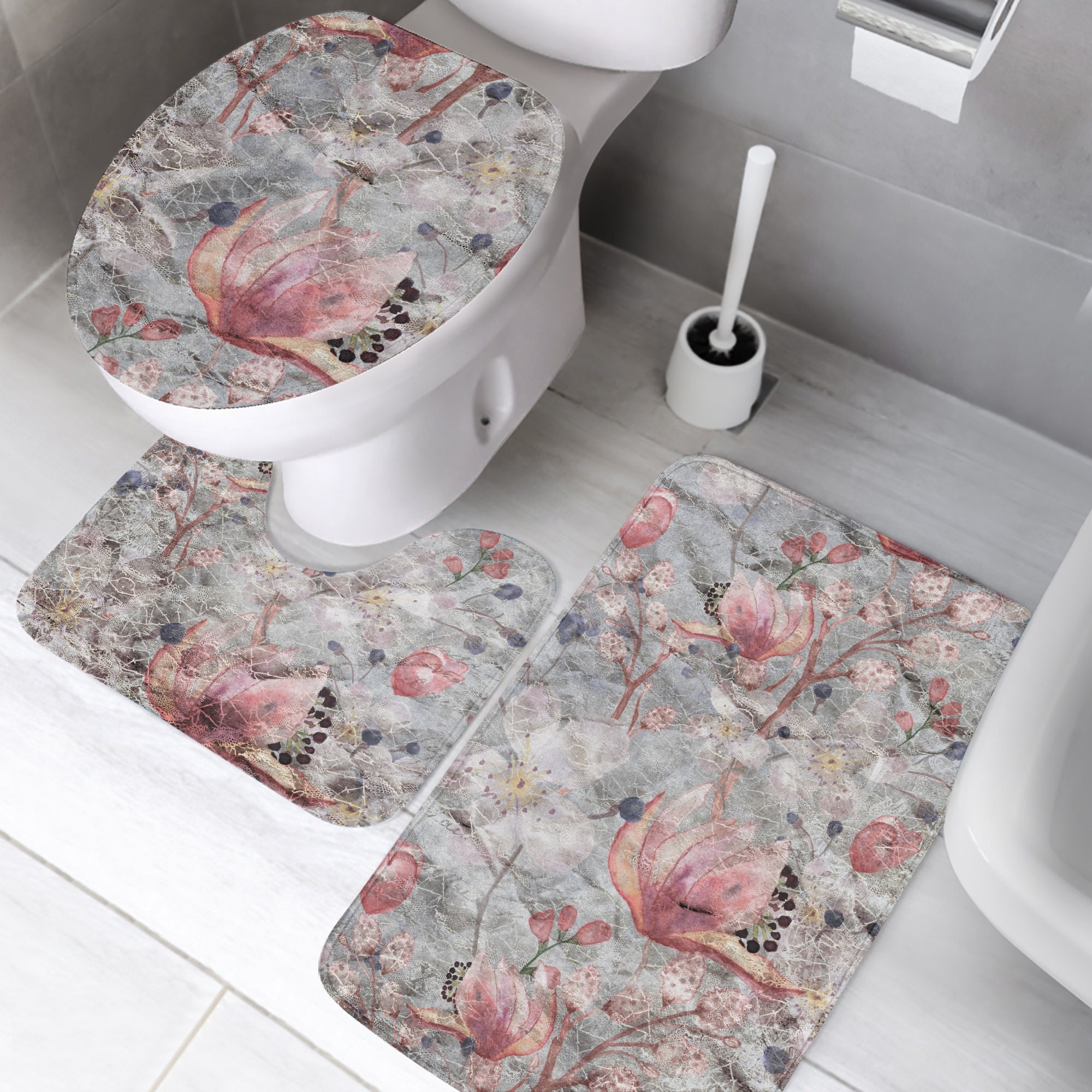 Pink Floral Bathroom Rug Set: Water Absorbent, Non-slip, 3-piece - Etsy