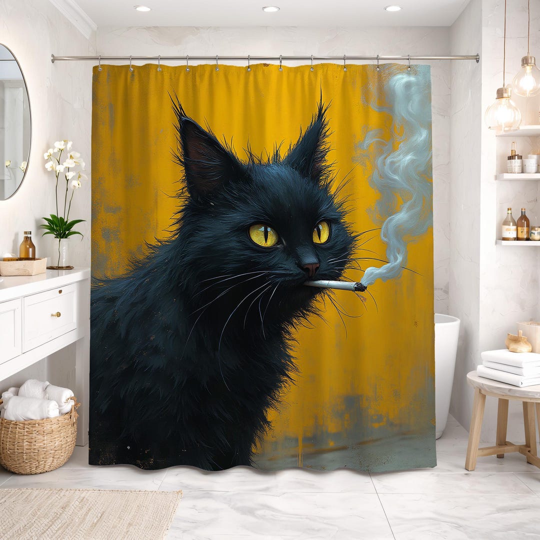 Funny Black Cat Shower Curtain, Smoking Cat Weird Art Print, Waterproof ...