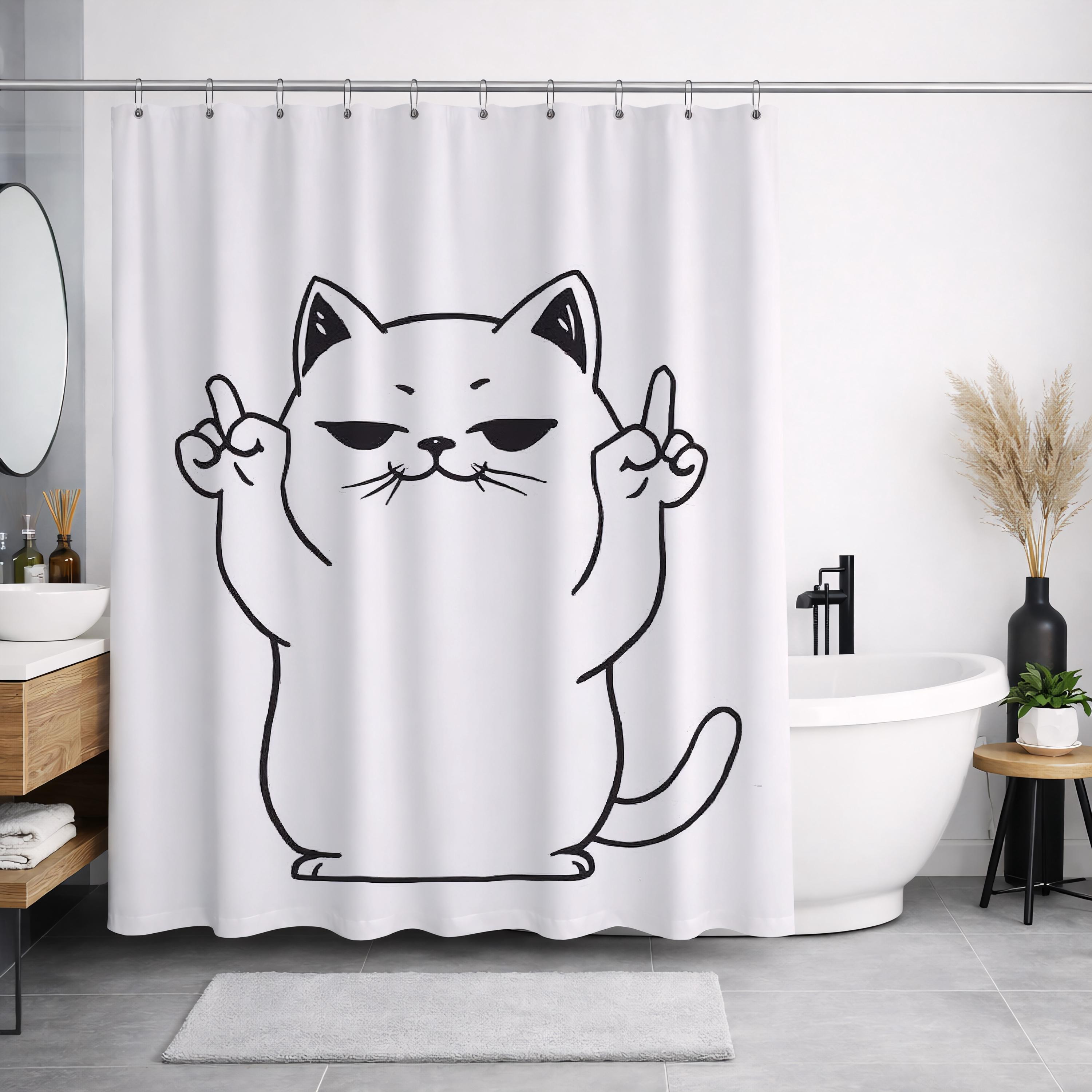 Funny Cat Shower Curtain, Middle Finger Cartoon Line Art, Waterproof ...