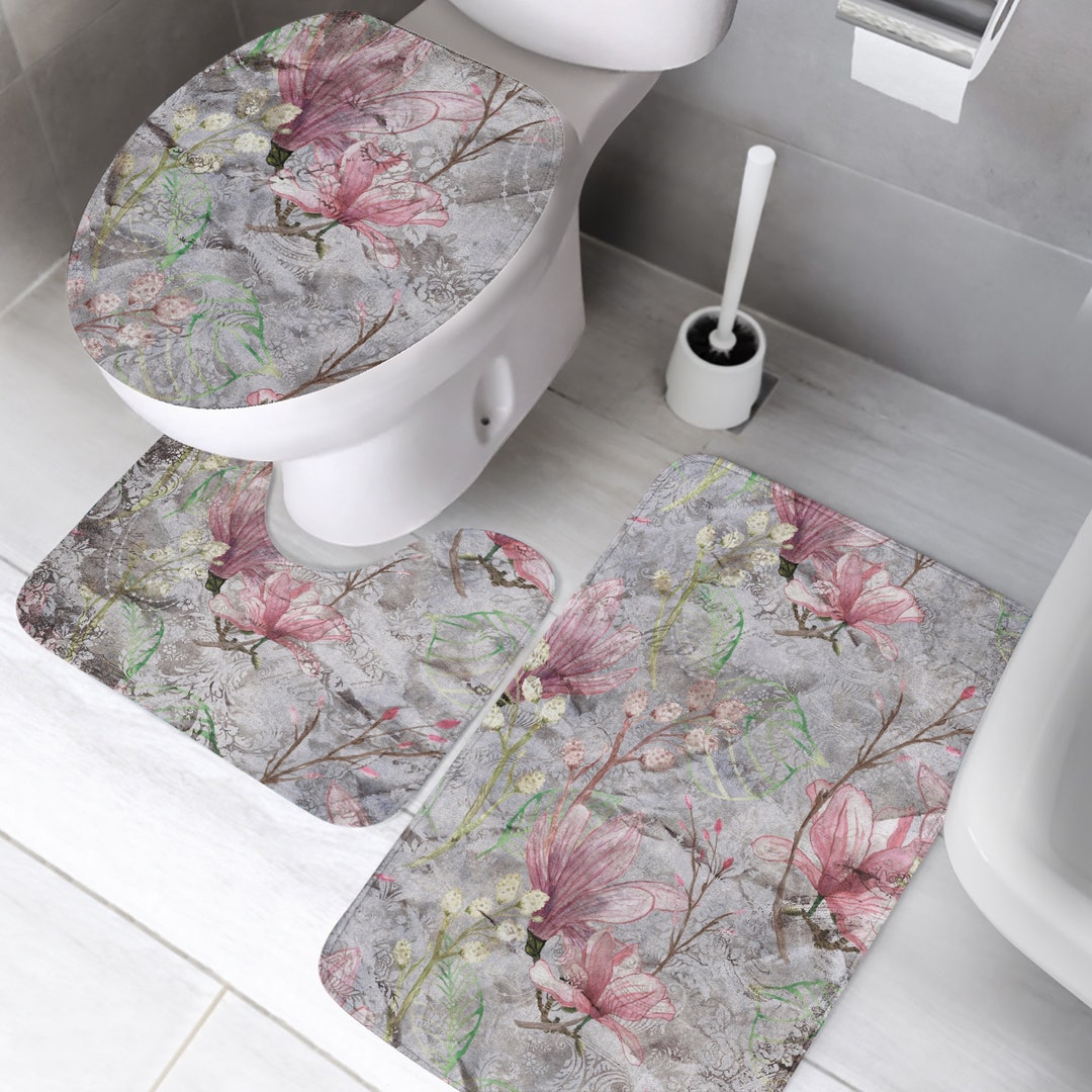 Toilet Mats Set, Springtime Splendor: Luxurious Floral Bathroom Mats ...
