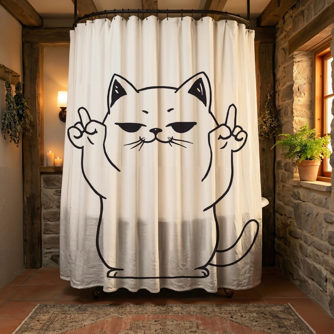 Funny Cat Shower Curtain, Middle Finger Cartoon Line Art, Waterproof ...
