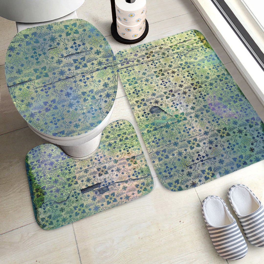 Rustic Toilet Mat Set - Weathered Flower Print, Non-slip Bath Rugs - Etsy