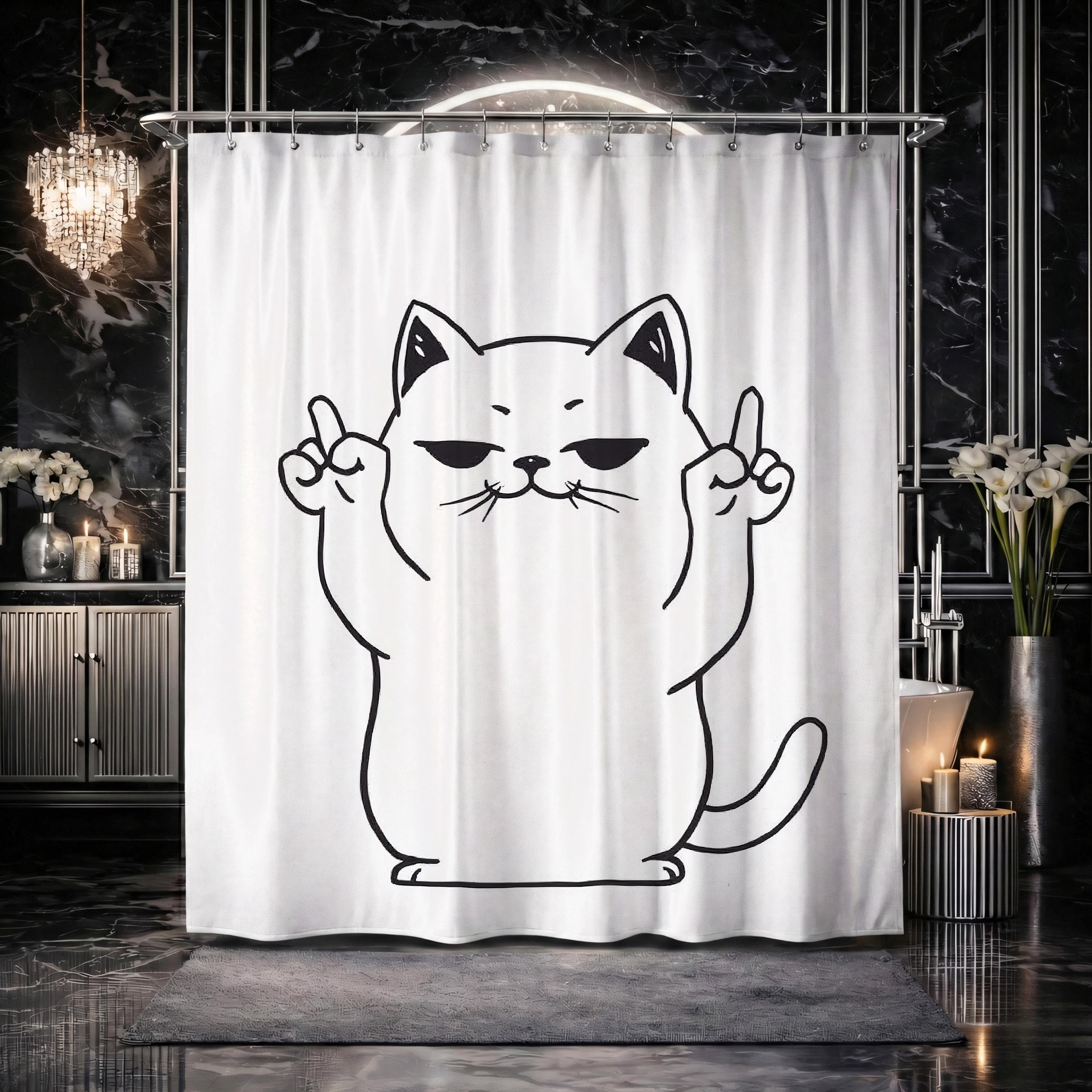 Funny Cat Shower Curtain, Middle Finger Cartoon Line Art, Waterproof ...