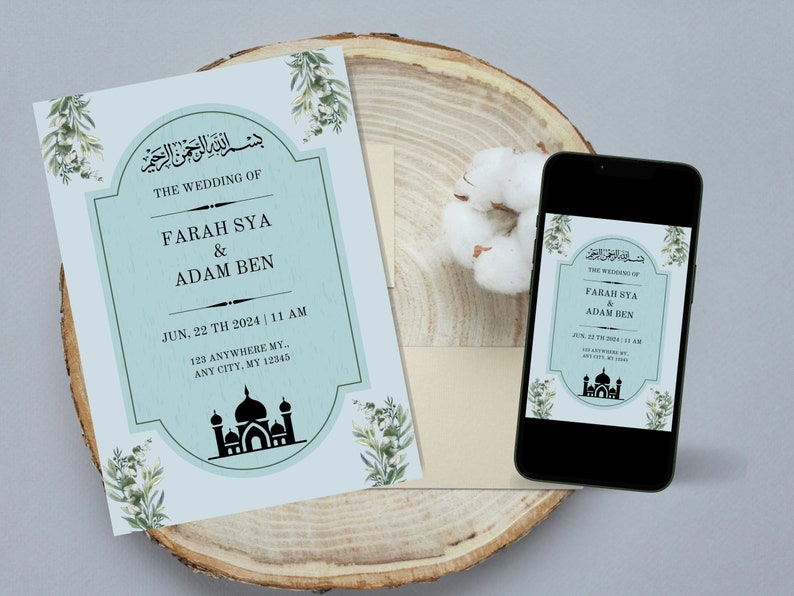 Editable Invitations | Turquoise Muslim Wedding Invitations | Islamic ...