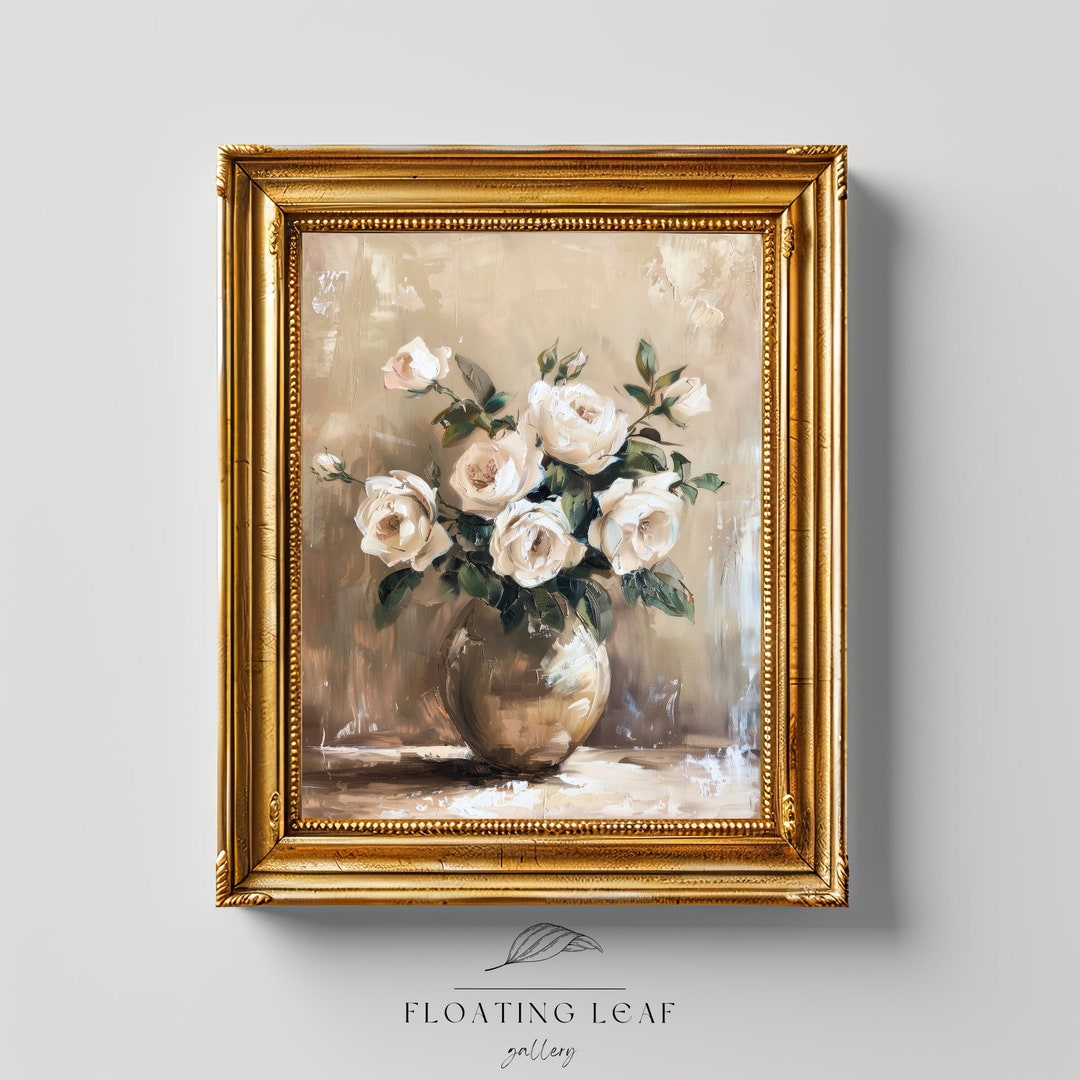Vintage White Floral Still Life Painting Print, Rustic White Rose ...