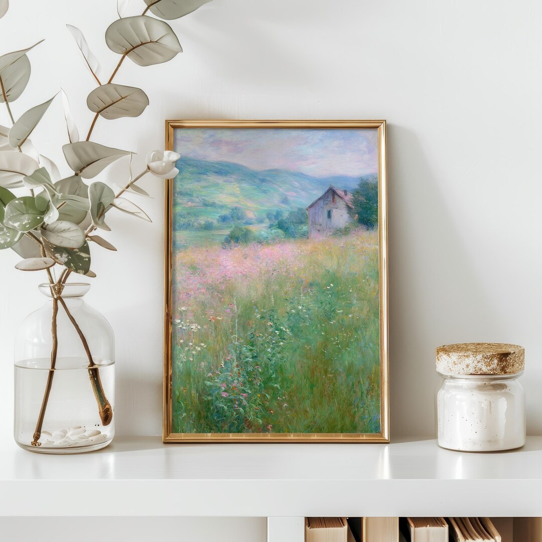 Monet Flower Field Print, French Countryside Barn, Pastel Oil Painting ...