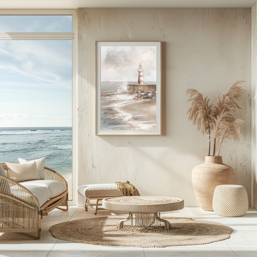 Neutral Coastal Lighthouse Print, Coastal Wall Art, Beige Prints ...
