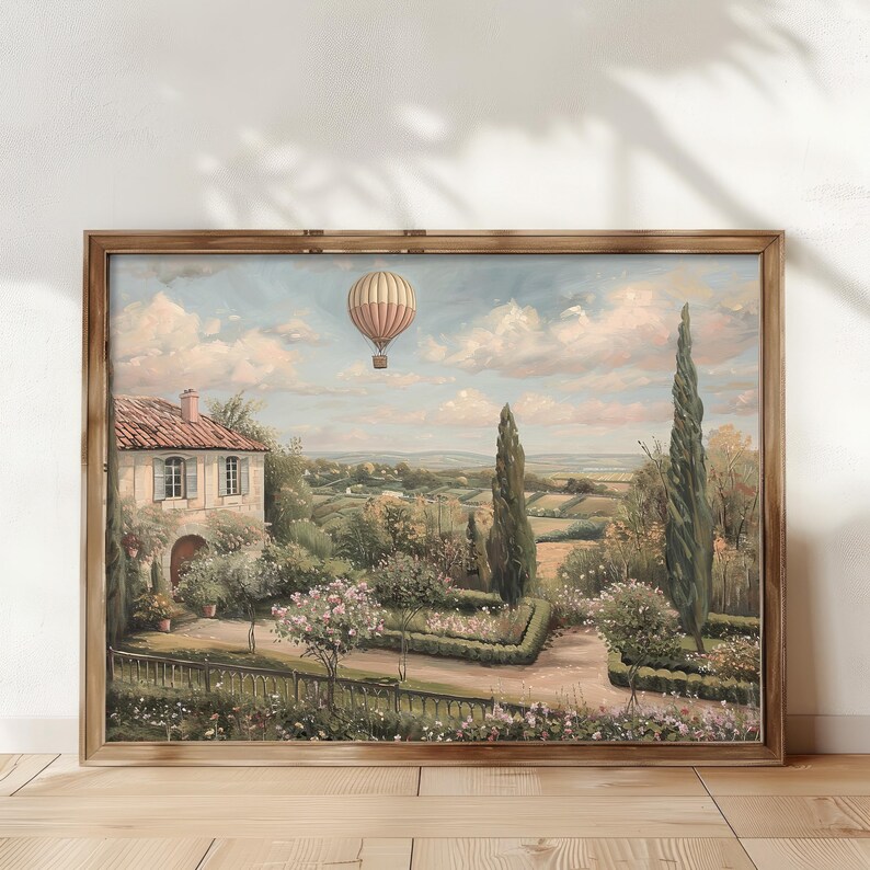French Countryside Print, Hot Air Balloon, Muted Oil Painting - Etsy