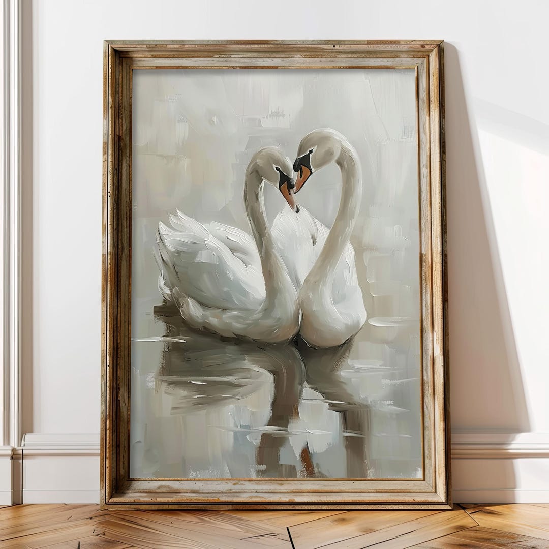 Swan Art Print, Vintage Muted Swan Oil Painting, Pastel Farmhouse Wall ...