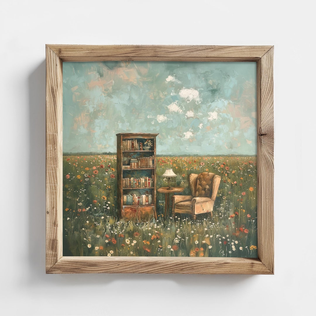 Vintage Whimsical Book Lover Art Print, Impressionist Flower Field ...