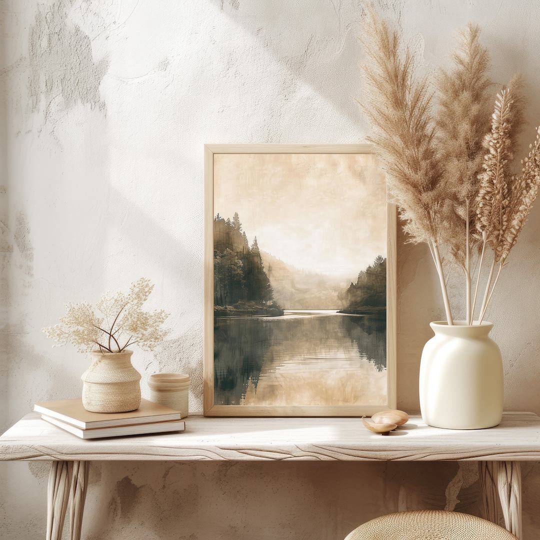 Neutral Lake Landscape Print, Beige Earth Tone Wall Art - Etsy
