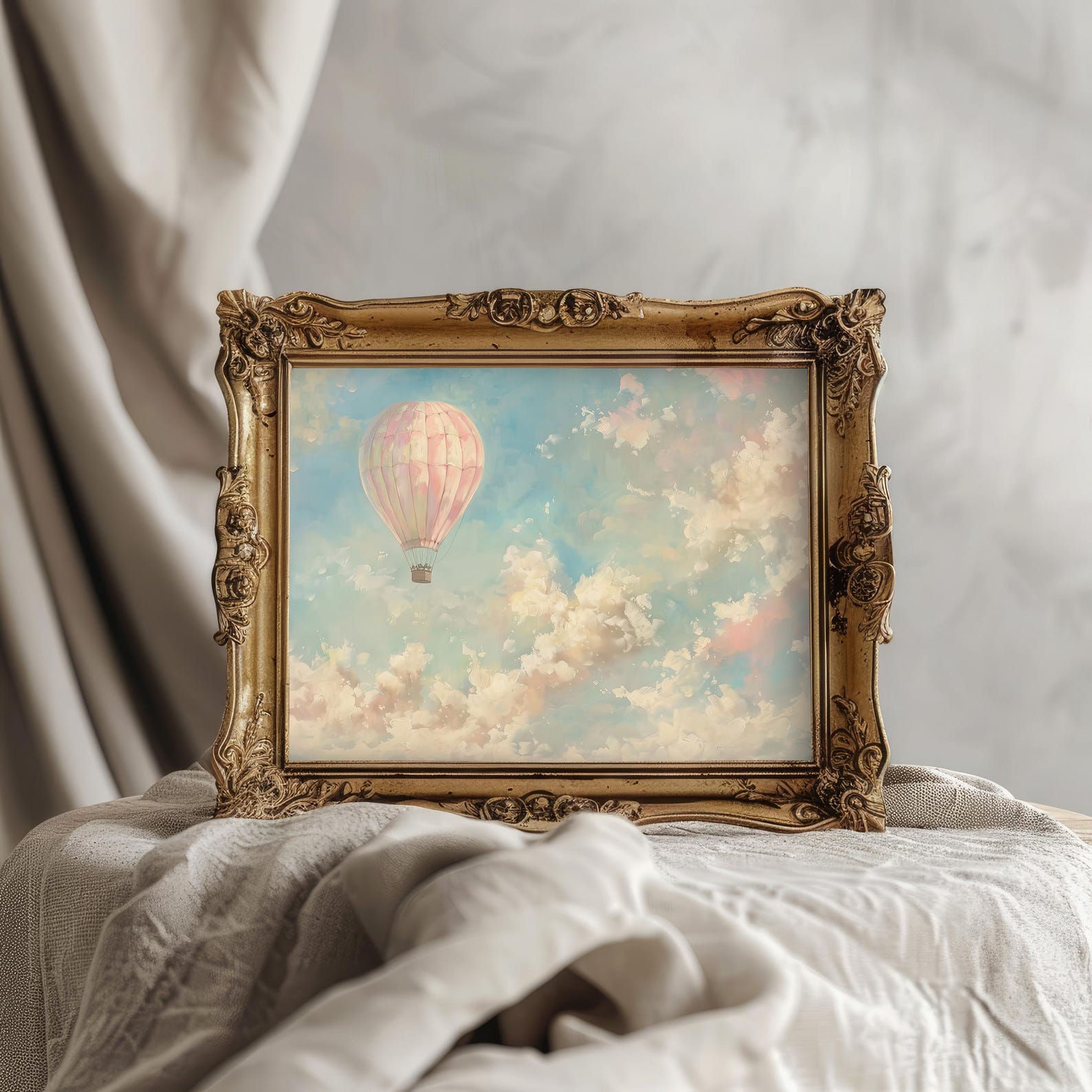 Whimsical Hot Air Balloon Art Print, Muted Pastel Cloud Painting, Pink ...